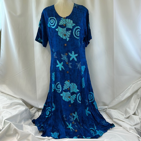 Vintage | Dresses | Maxi Blue Batik Sea Shell Summer Dress Size Large ...
